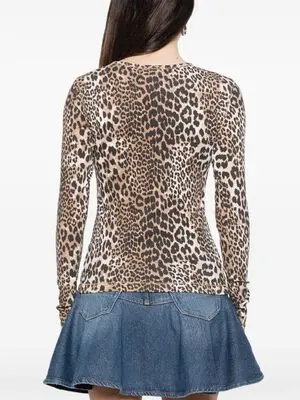 GANNI Organic Cotton Ribbed Leopard Print Long Sleeve T-shirt - Multicolor