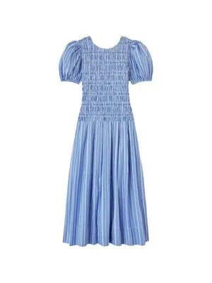 GANNI Organic Cotton Midi Dress With Puff Sleeves And Shirring - Multicolor