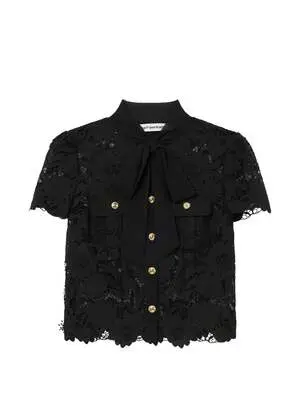 SELF-PORTRAIT Black Lace Tie Neck Top - Multicolor