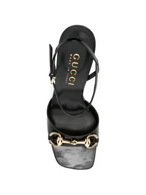 Gucci Black Patent Horsebit Detail Block Heel Sandals - Multicolor