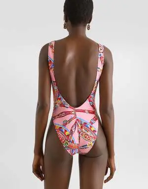 Dolce & Gabbana Carretto-print High-cut One-piece Swimsuit
