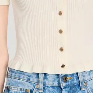 Sandro Ribbed Knit Shirt With Ruffled Details