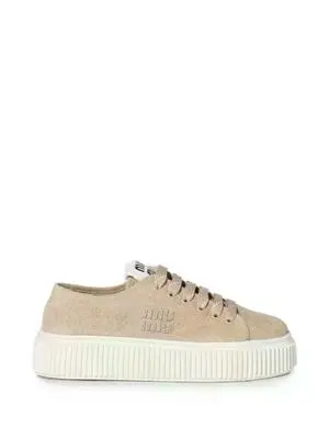 Miu Miu Suede Sneakers With Embroidered Logo And Flatform Sole - Neutrals