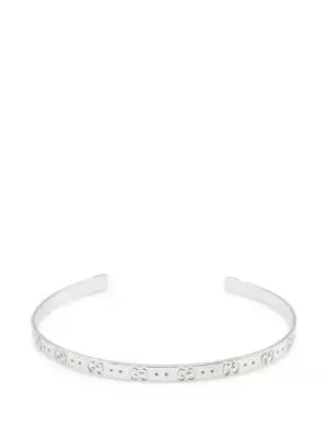Gucci 18k White Gold Engraved Icon Motif Cuff Bracelet - Silver