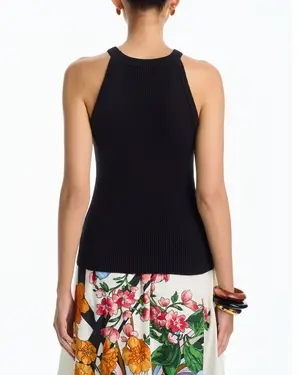 T Tahari Floral Detail Ribbed Knit Tank