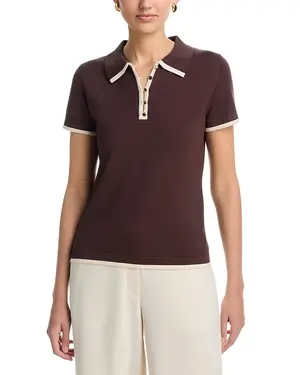 T Tahari Short Sleeve Tipped Polo Sweater - Cocoa Bean