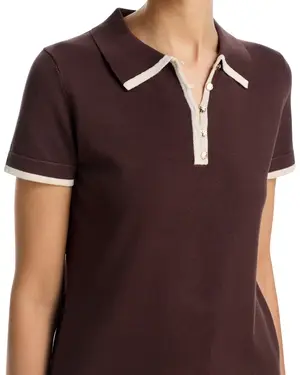T Tahari Short Sleeve Polo Sweater With Contrast Trim - Cocoa Bean