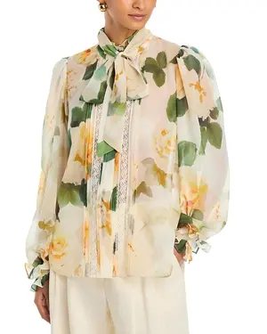 UNGARO Odessa Floral Blouse With Pussy Bow And Lace Trim