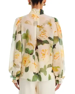 UNGARO Odessa Floral Blouse With Pussy Bow And Lace Trim