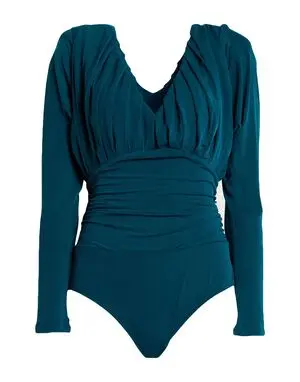 BABYLON Long Sleeve V-neck Bodysuit With Pleated Detail - Deep Teal
