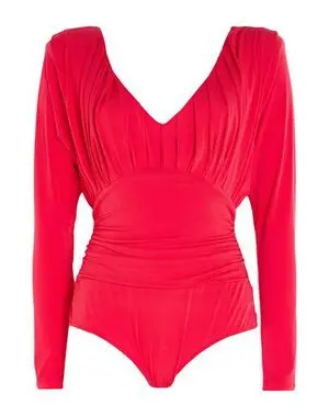 BABYLON Long Sleeve V-Neck Bodysuit With Pleated Detail Red