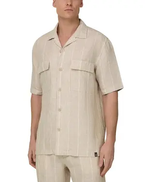 Boggi Milano Camp Collar Stripe Linen Pocket Shirt - Sand