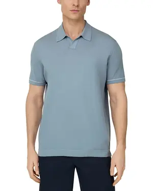 Boggi Milano Cotton Crepe Knit Polo Shirt - Light Blue