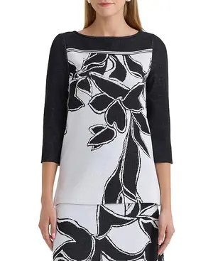 Ming Wang Floral Jacquard Soft Knit Tunic - Black/white