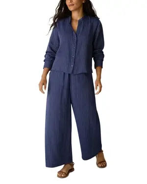 Eileen Fisher Striped Cotton Gauze Mandarin Collar Shirt