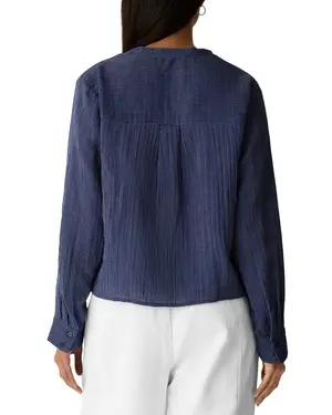Eileen Fisher Striped Cotton Gauze Mandarin Collar Shirt