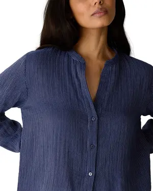 Eileen Fisher Striped Cotton Gauze Mandarin Collar Shirt