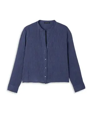 Eileen Fisher Striped Cotton Gauze Mandarin Collar Shirt