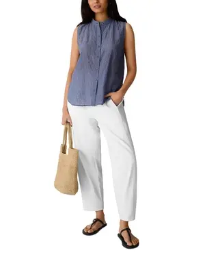Eileen Fisher Cotton Microstripe Pucker Sleeveless Shirt - Deep Dive