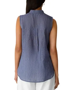 Eileen Fisher Cotton Microstripe Pucker Sleeveless Shirt - Deep Dive