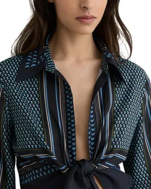REISS Jackson Linen Shirt With Geometric Print And Front Tie Detail