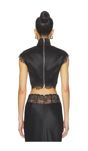 SAU LEE Lila Satin Cropped Top With Lace Trim