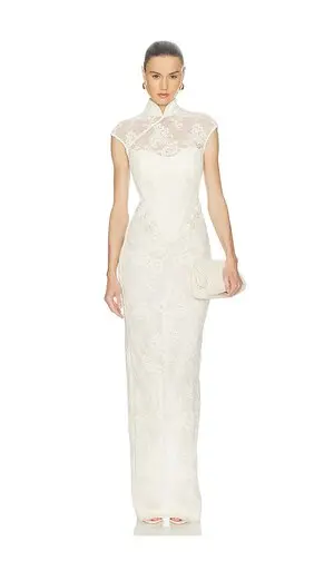 SAU LEE Emilia Lace Gown In Cream - Cashew Beige