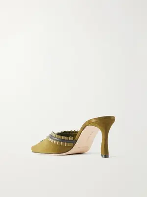 Manolo Blahnik Voluptia 70" Embellished Suede Mules