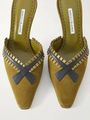 Manolo Blahnik Voluptia 70" Embellished Suede Mules