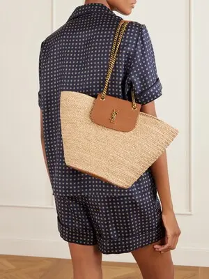 Saint Laurent Panier Raffia Tote With Leather Trim And Chain Strap - Multi
