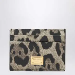 Dolce & Gabbana Card Holder In Leopard-print Dauphine Leather With Logo Plaque - Brown