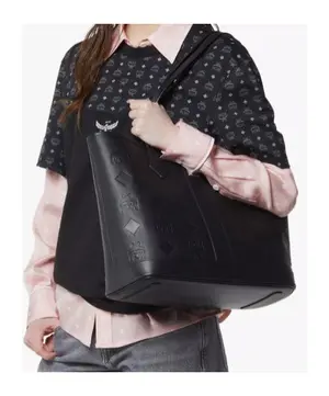 Mcm Embossed Monogram Leather Shopper Tote - Black