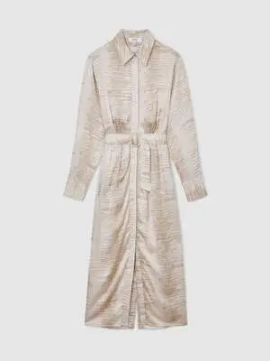 REISS Sienna Snake-print Belted Midi Shirt Dress