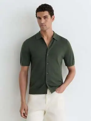 REISS Drayton Merino Wool Button-through Shirt - Dark Green