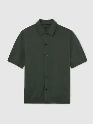 REISS Drayton Merino Wool Button-through Shirt - Dark Green