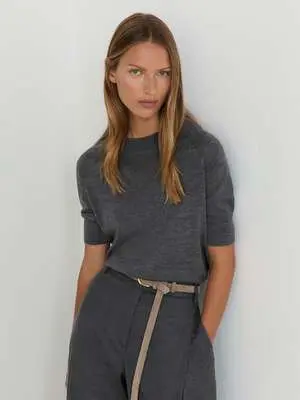 REISS Suzzie Merino Wool Mock-neck T-shirt - Charcoal Grey