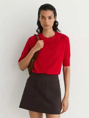 REISS Suzzie Merino Wool Mock Neck T-shirt - Red