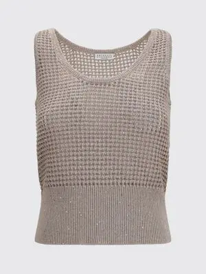 Brunello Cucinelli Sleeveless U-neck Openwork Knit Top - Sand