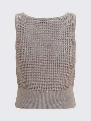 Brunello Cucinelli Sleeveless U-neck Openwork Knit Top - Sand