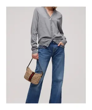 Gucci Fine Knit V-neck Cardigan With Embroidered Crest - Grey