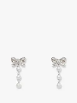 SELF-PORTRAIT Crystal Bow Pearl Droplet Earrings - Silver