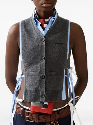 Miu Miu Ribbed Cashmere V-neck Cardigan Vest - Multicolor