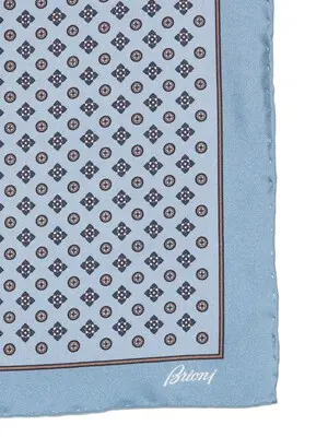 Brioni Printed Silk Pocket Square - Blue