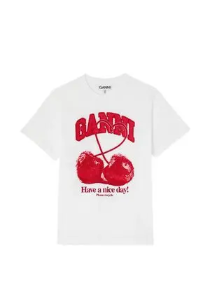 GANNI GANNI Graphic Cherry Embellished Cotton T-Shirt Multicolor