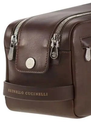 Brunello Cucinelli Leather Beauty Case With Double Zip And Embossed Logo - Red