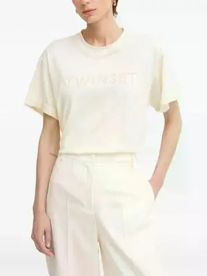 TWINSET Logo Embroidered Rolled Cuff T-shirt - Neutrals