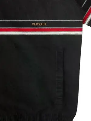Versace Embroidered Logo Cotton Knit Zip Cardigan - Black