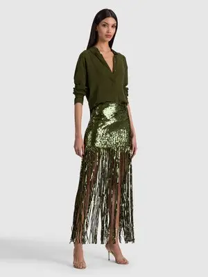 Alice + Olivia Kendra Sequin Embellished Maxi Skirt With Fringe