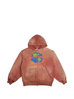 SATOSHI NAKAMOTO Distressed Finish Graphic-print Hoodie - Red