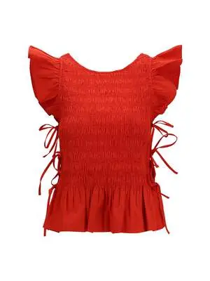 GANNI Ruched Cotton Top With Side Bows And Bell Sleeves - Red